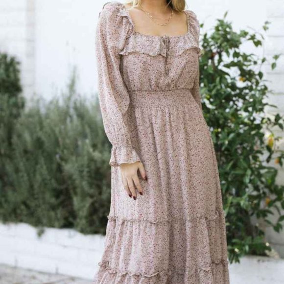 Morning Lavender | Dresses | Modest Pink Floral Midi Dress With Ruffle ...